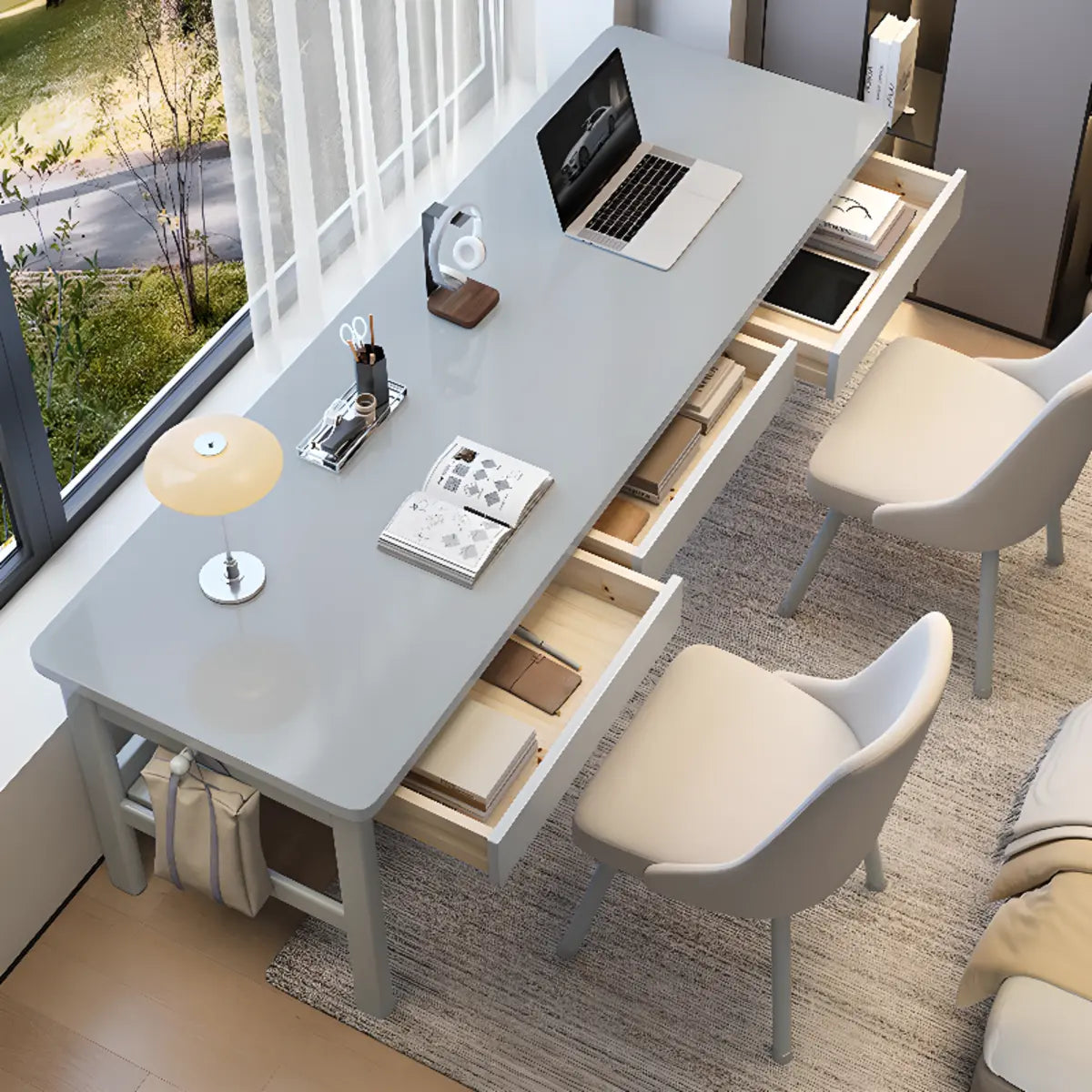 Grey Rubberwood Drawers H-Shape Double Writing Desk – Homebaa