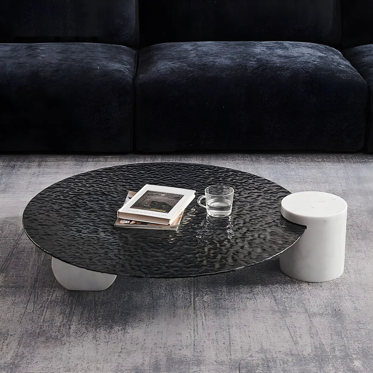 Abstract Black Round Glass Stone Base Coffee Table – Homebaa