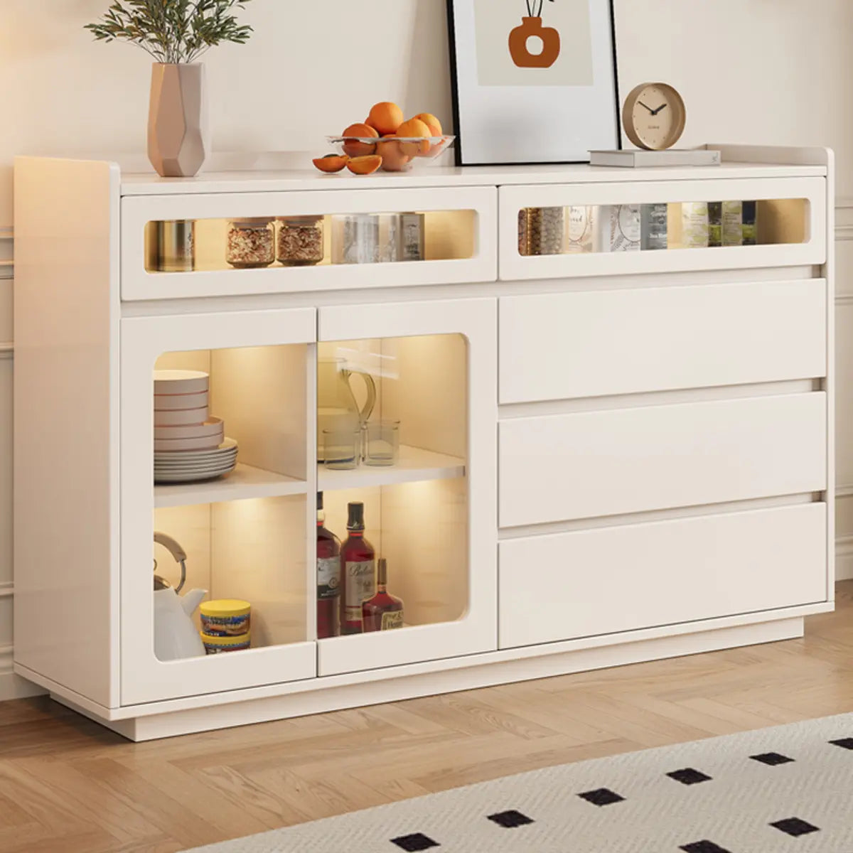 Beige Composite Wood Glazed Shelves Sideboard with Drawers – Homebaa