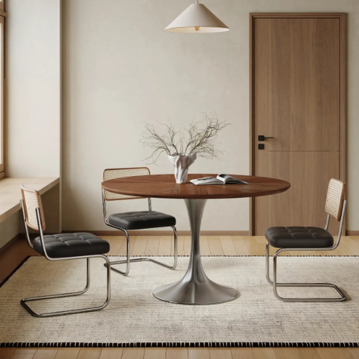 Contemporary Small Metal Base Round Brown Wood Dining Table – Homebaa