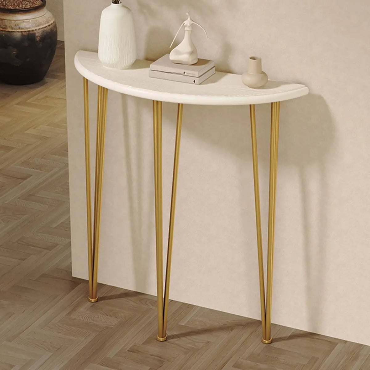 Demilune Pine Wood Gold Metal Three Legs Console Table – Homebaa