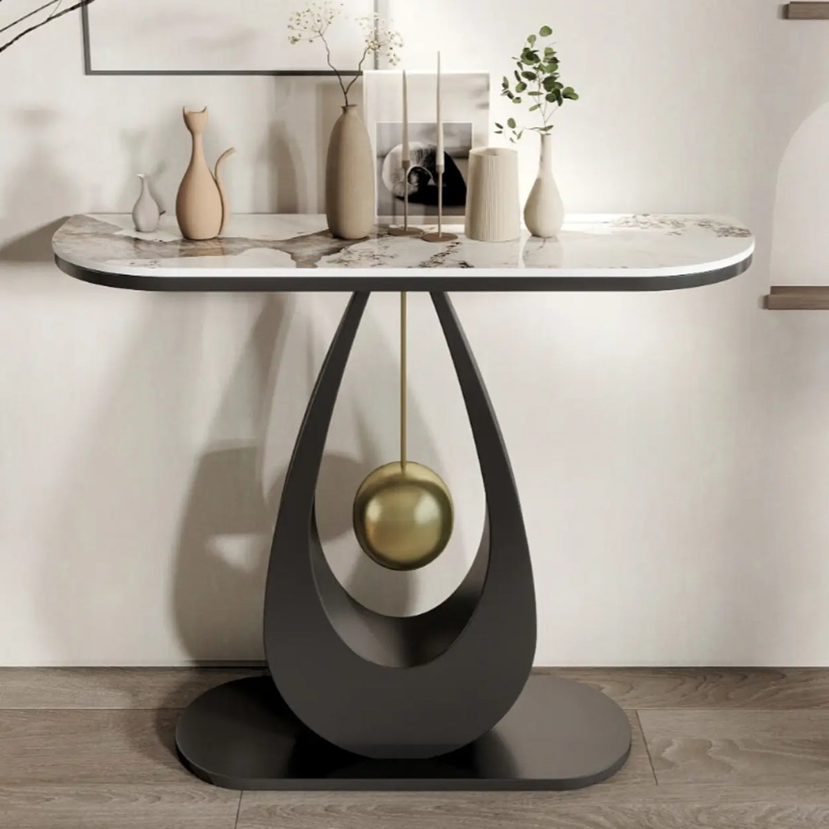 Demilune Sintered Stone Metal Abstract Base Console Table – Homebaa