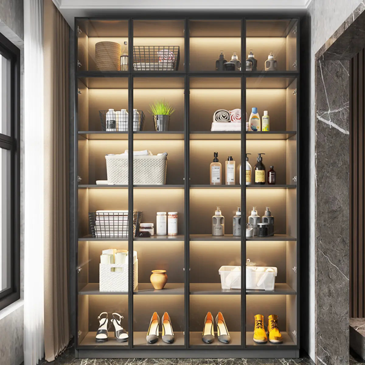 Freestanding Wood Grey Glass Door LED Display Cabinet – Homebaa