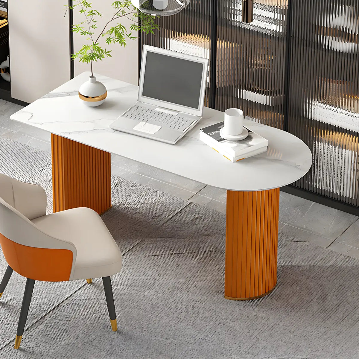 Marble Stone Peninsula Shape Steel Sled Writing Desk – Homebaa