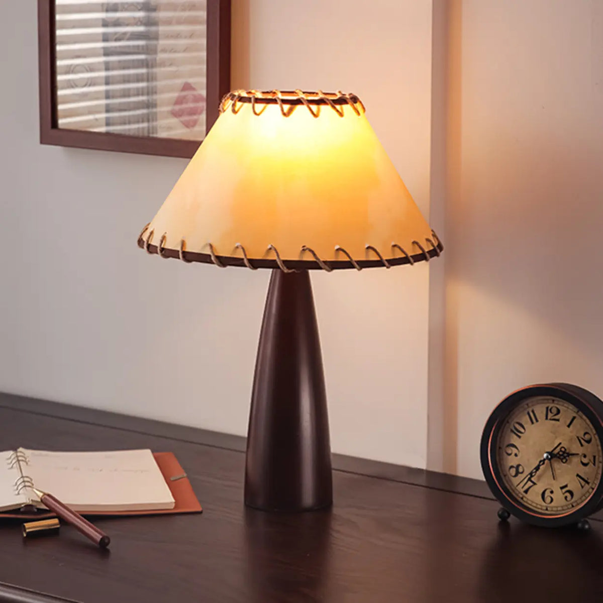 Mid-Century Modern Stitched Cone Shade Brown Table Lamp – Homebaa