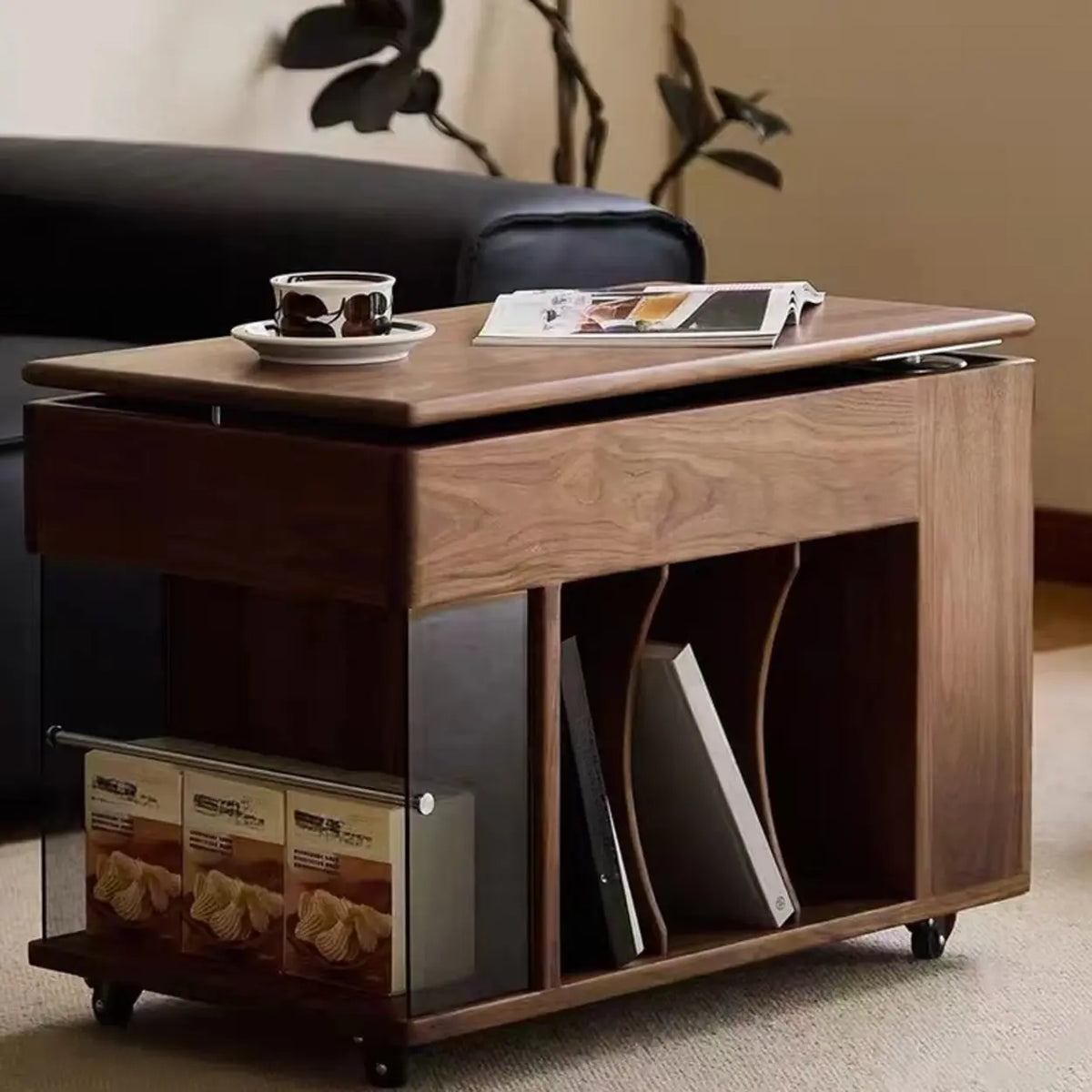 Mid-Century Rectangle Wood Adjustable Brown Wheels End Table – Homebaa