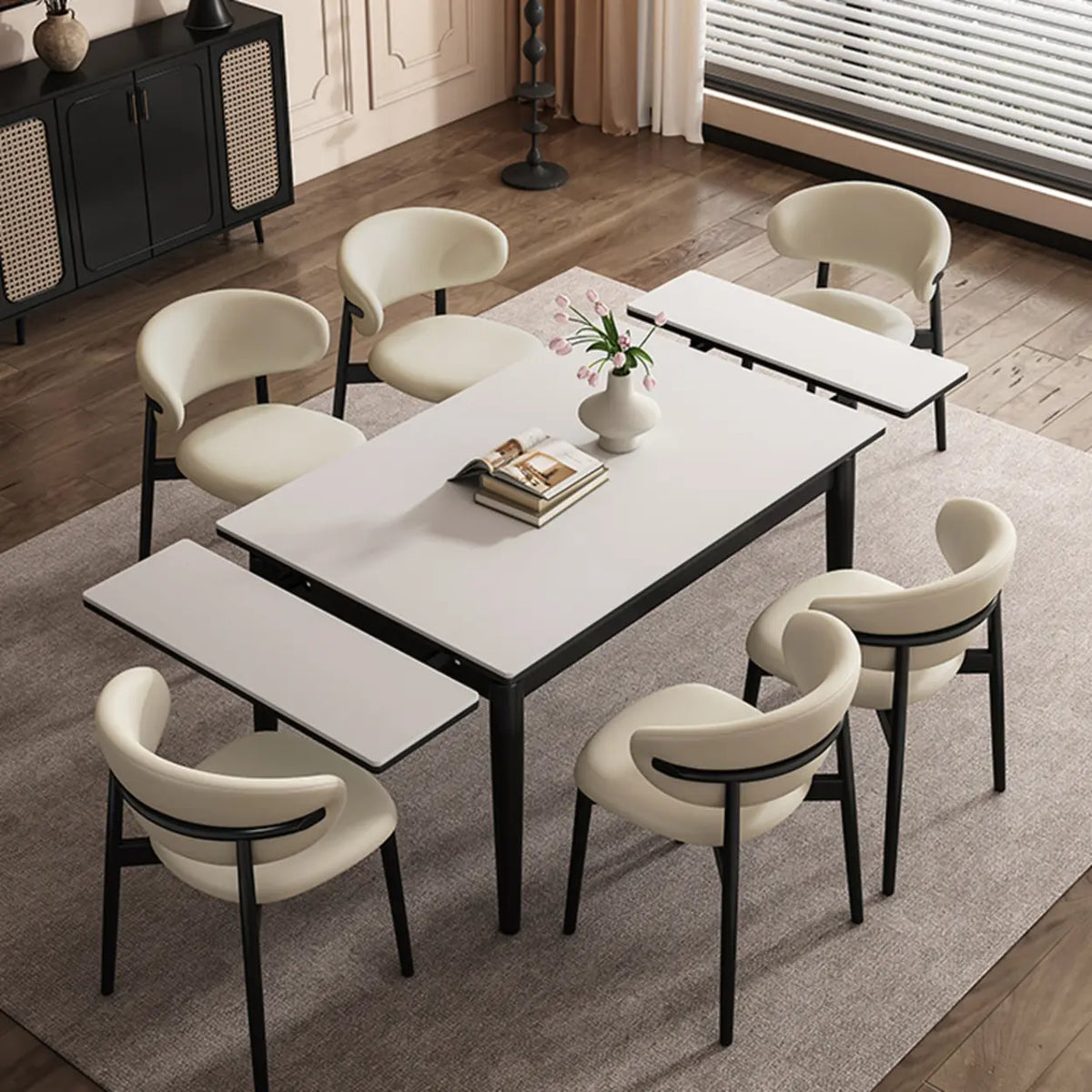 Minimalist Rectangular Extendable White Stone Top Dining Table – Homebaa