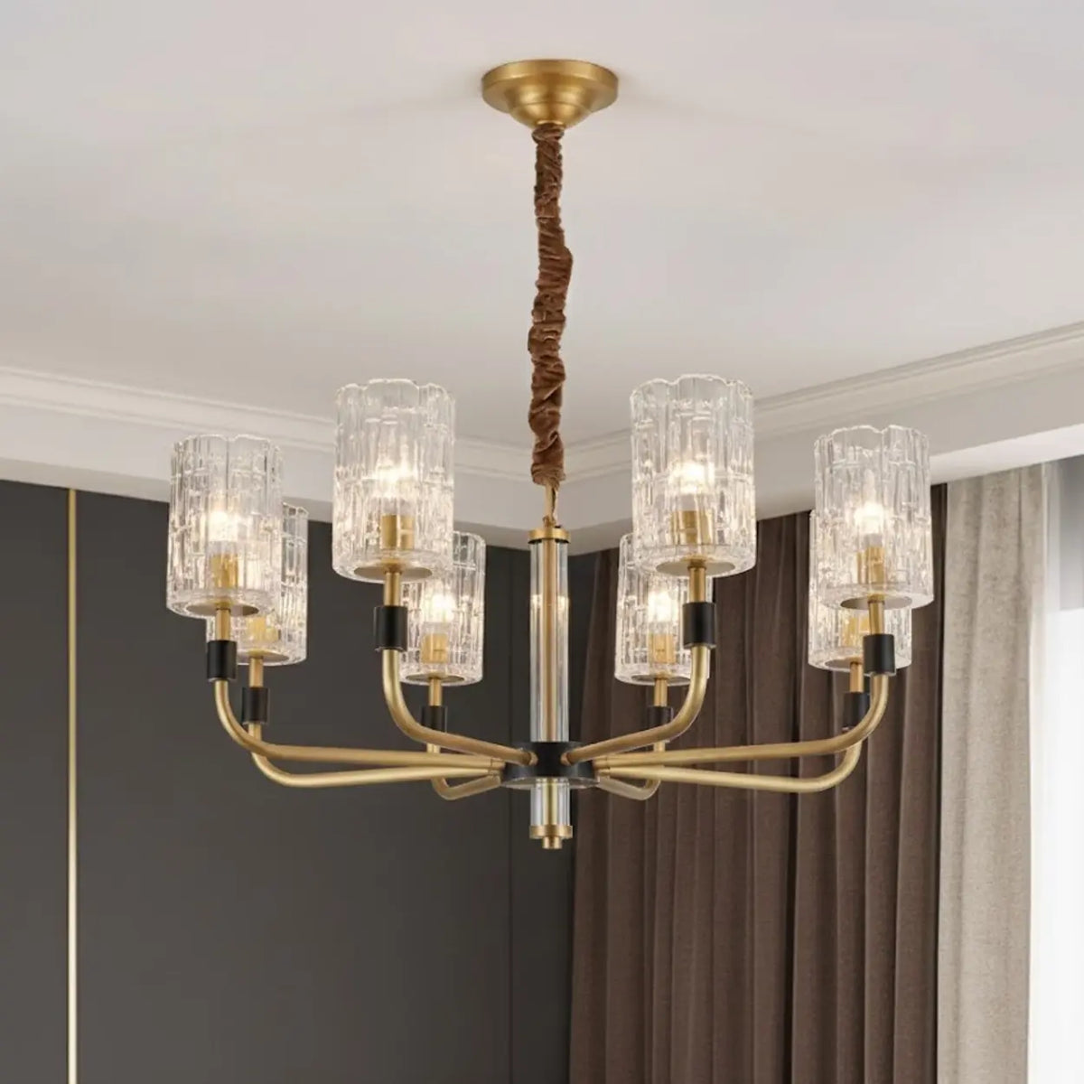 Modern Textured Glass Cylinder Shade Brass Branch Chandelier – Homebaa
