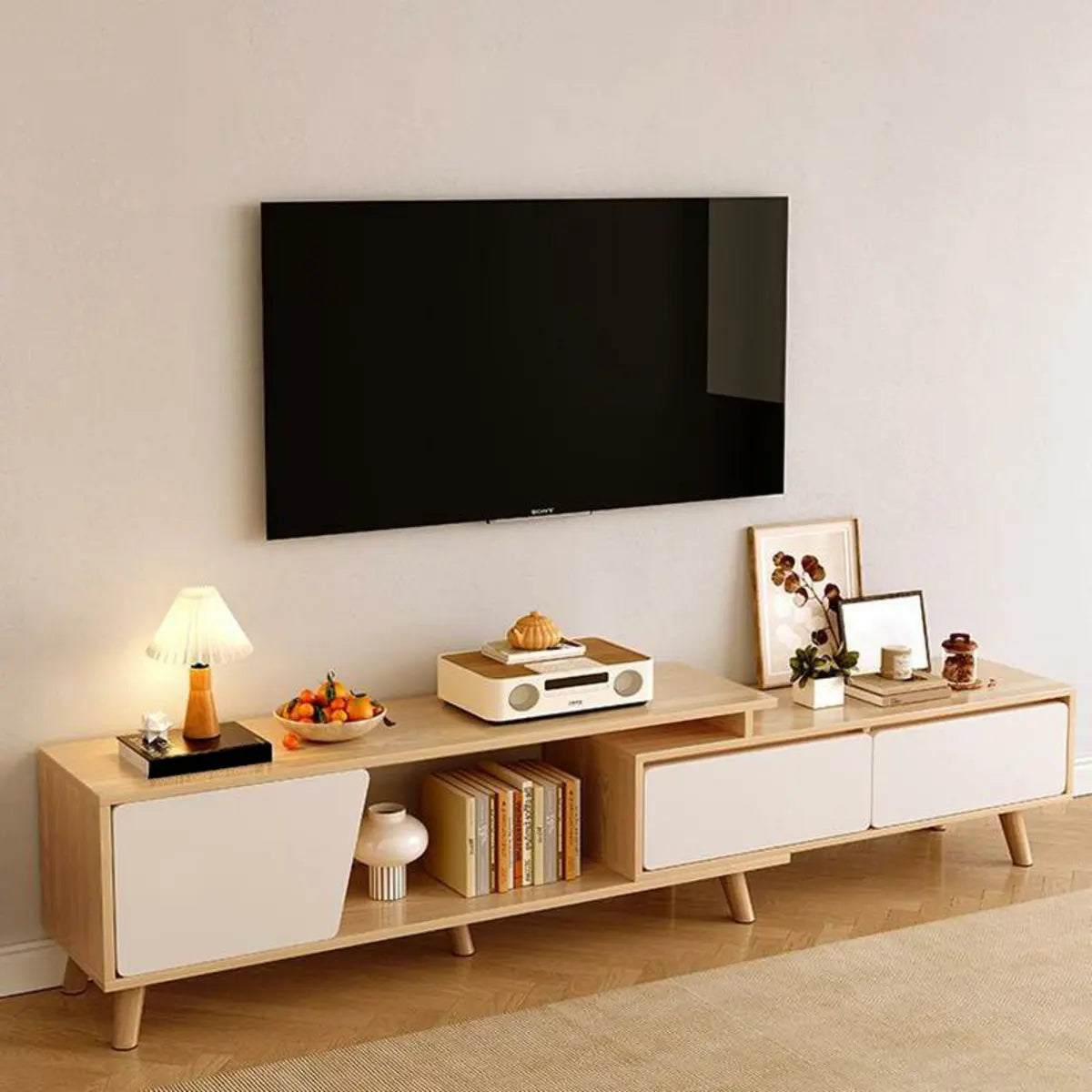 Natural Wood Open Storage Drawers TV Stand with Legs – Homebaa