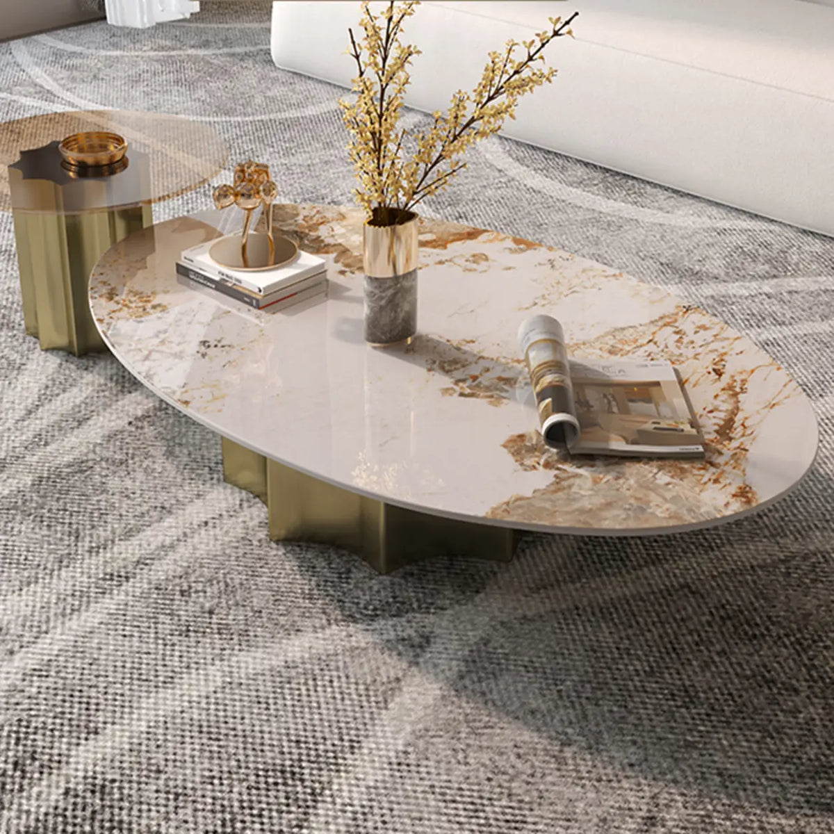 Pandora Gold Scratch Resistant Stone Oval Coffee Table – Homebaa