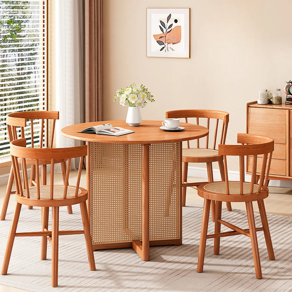 Scandinavian Woven Rattan Compact Round Wood Dining Table – Homebaa