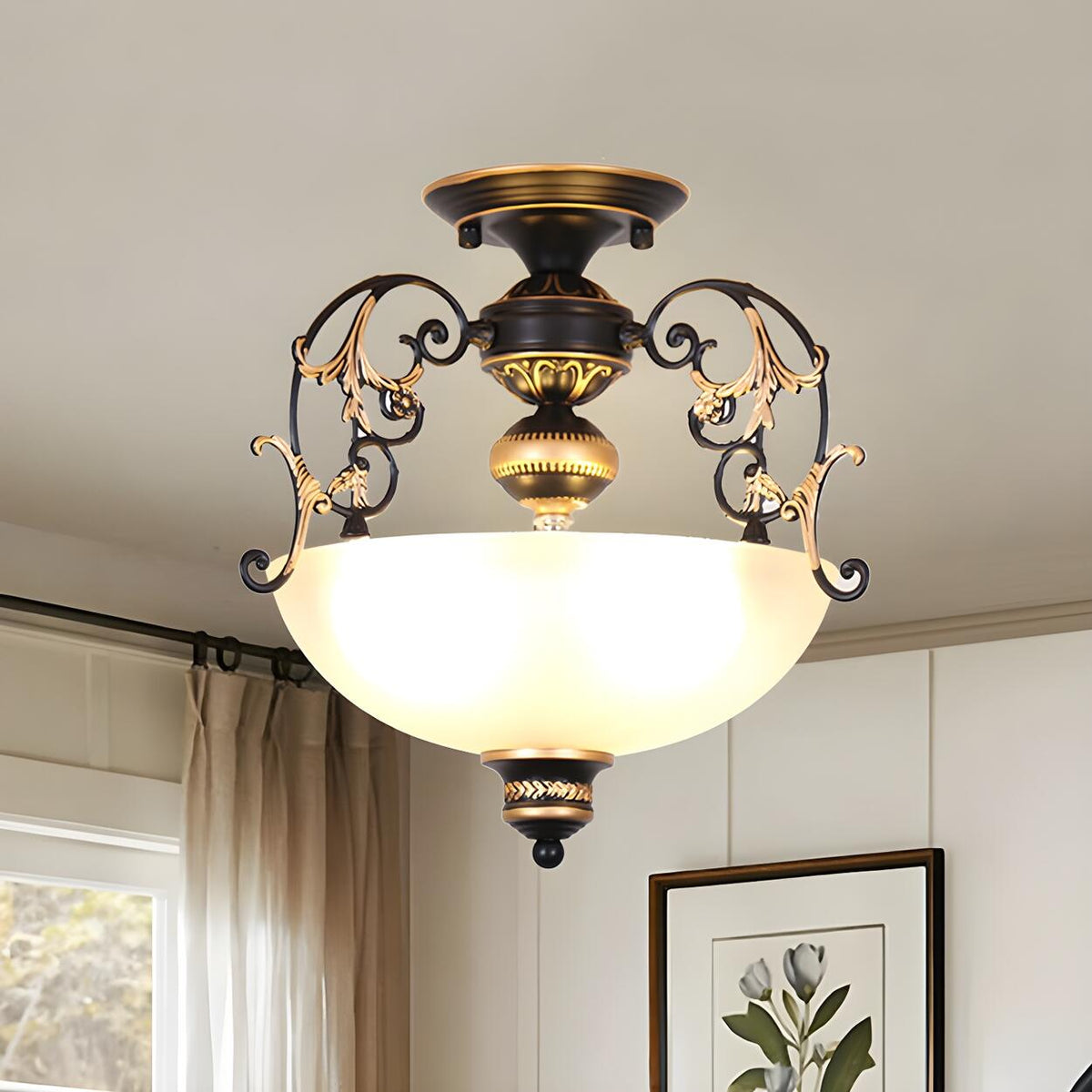 Small Black Curved Arm Bowl Glass Semi-Flush Mount Lamp – Homebaa