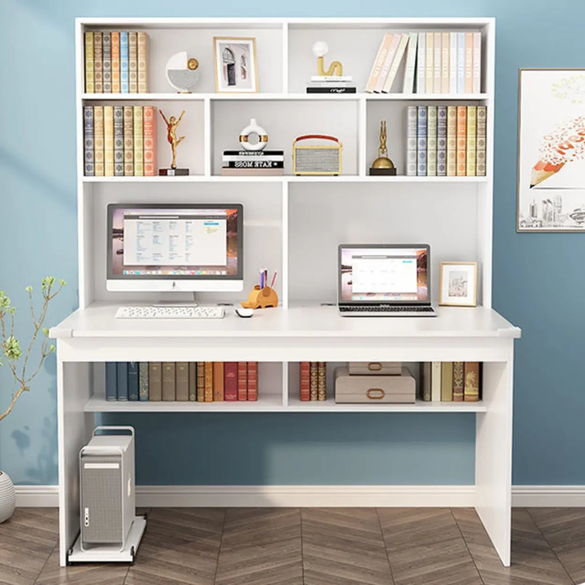 White Wood Cable Exterior Shelf Sled Computer Desk – Homebaa
