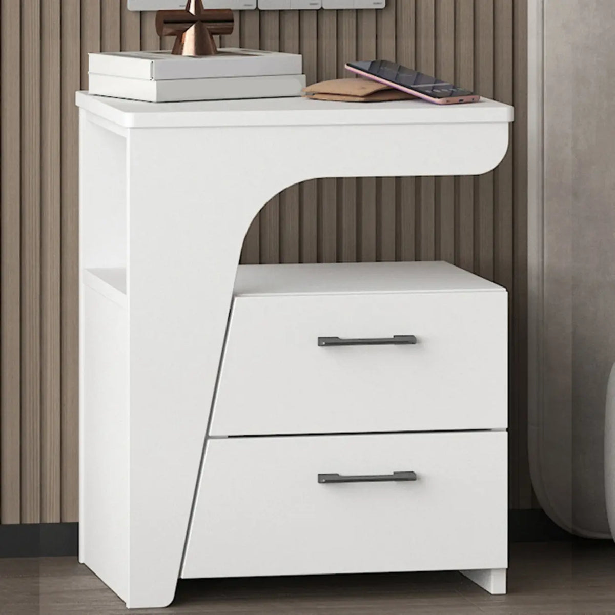 White Wood Open Storage Nightstand with 2 Drawers Shelf – Homebaa